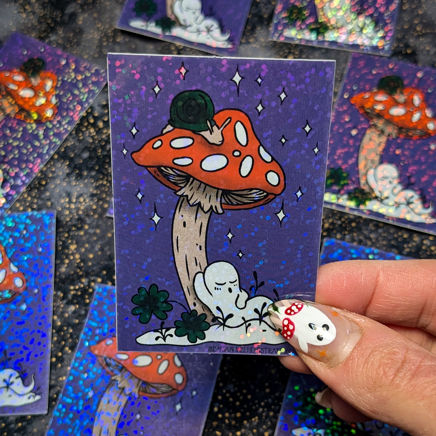 Sleepy Mushroom Ghost Glitter Sticker – Meagan Meli